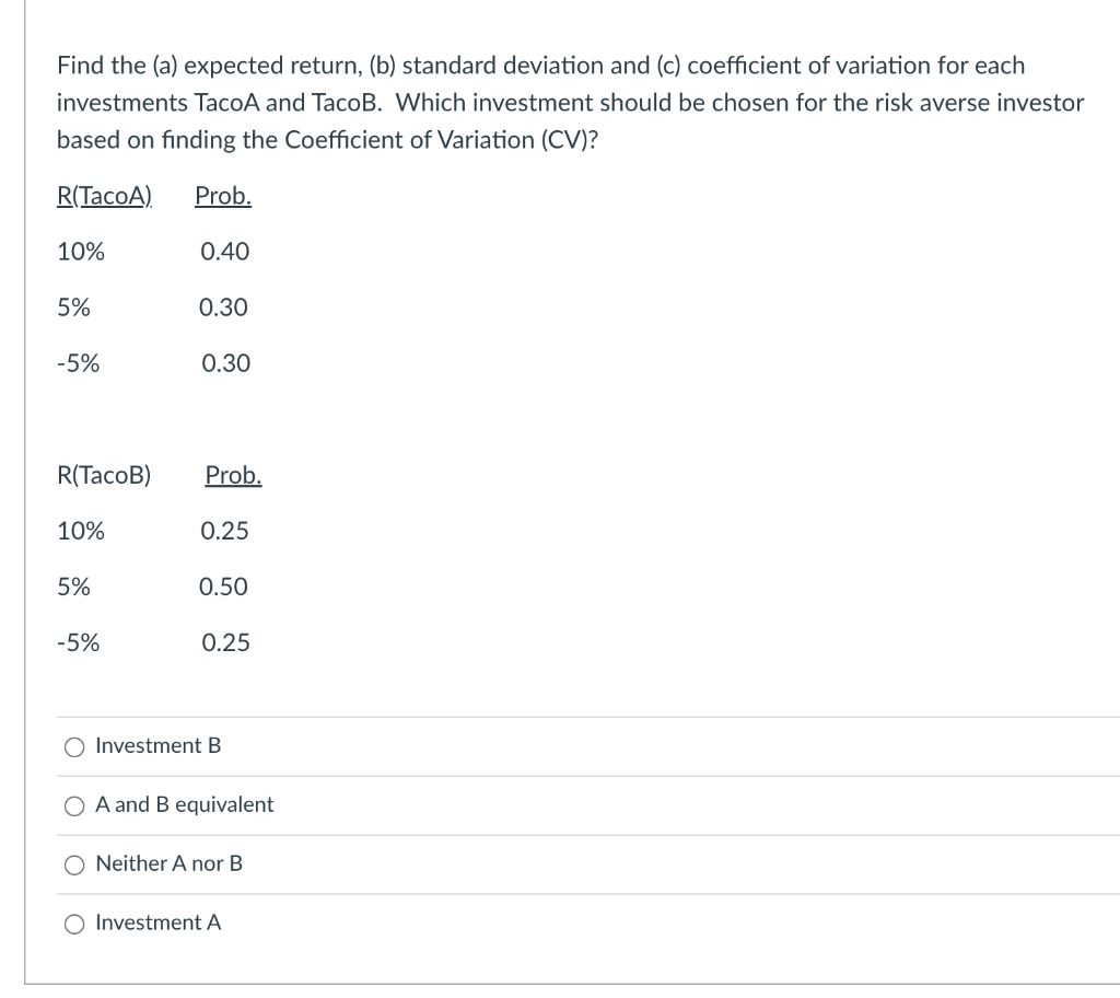 Solved Find the (a) expected return, (b) standard deviation | Chegg.com