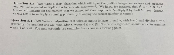 Solved Question 8.3 (A2) Write a short algorithm which will | Chegg.com