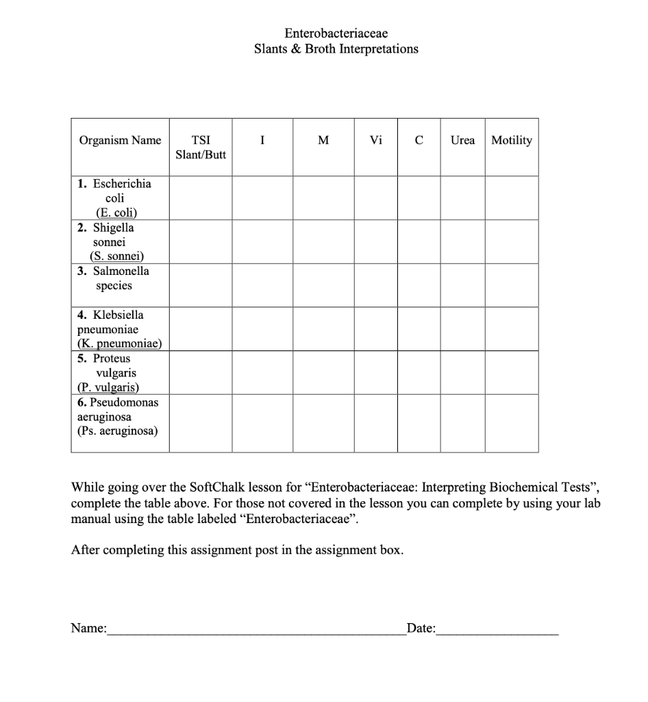 Enterobacteriaceae Slants & Broth Interpretations | Chegg.com