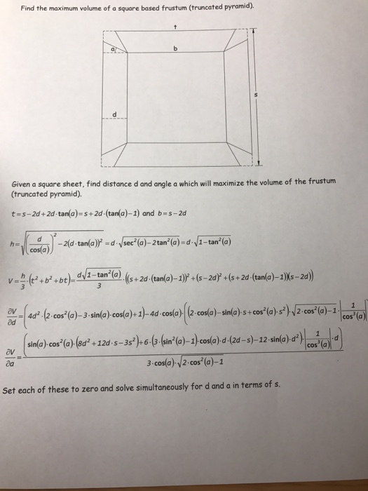 Solved Find the maximum volume of a square based frustum | Chegg.com