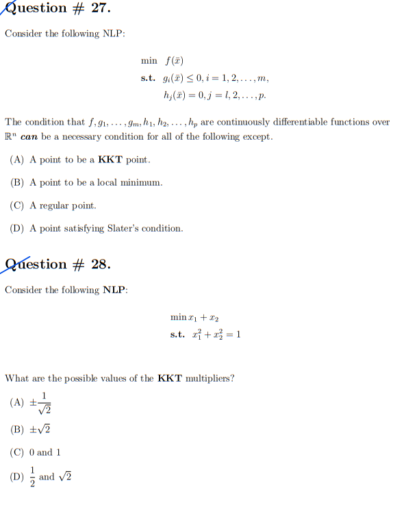 Solved Question # 27. Consider the following NLP: min fc) | Chegg.com