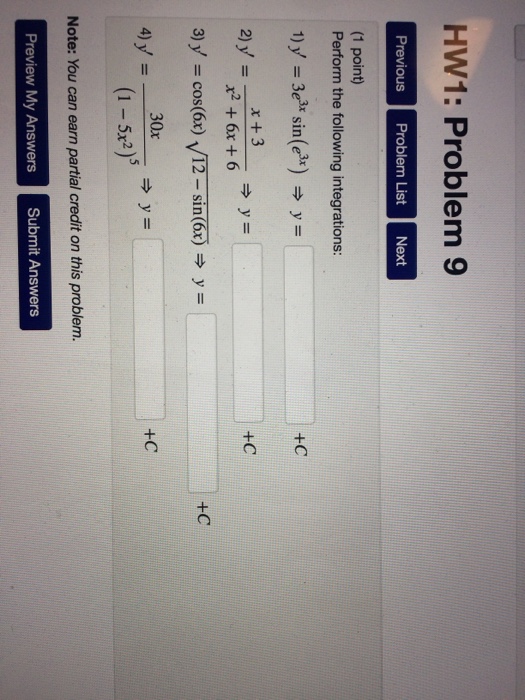 Solved Perform the following integrations: 1) y' = 3e^3x | Chegg.com Solved Perform the following integrations: 1) y' = 3e^3x | Chegg.com