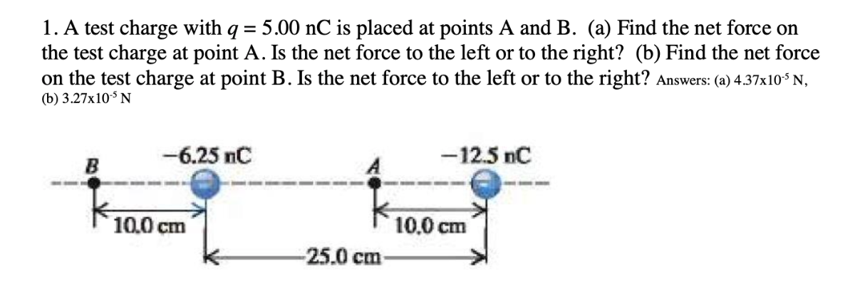 Solved 1. A test charge with q = 5.00 nC is placed at points | Chegg.com