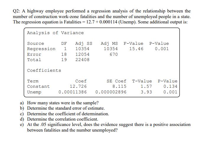 Solved Q2: A highway employee performed a regression | Chegg.com