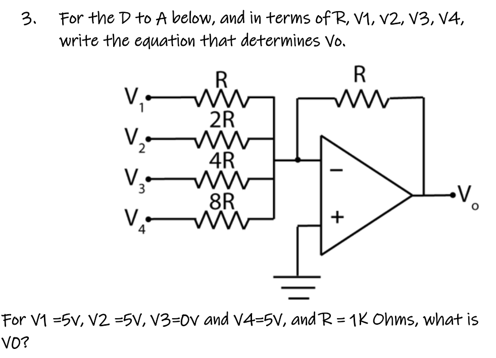 Solved For the D to A below, and in terms of R, V1, V2, V3, | Chegg.com