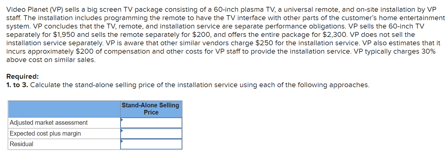 Solved Video Planet (VP) sells a big screen TV package | Chegg.com