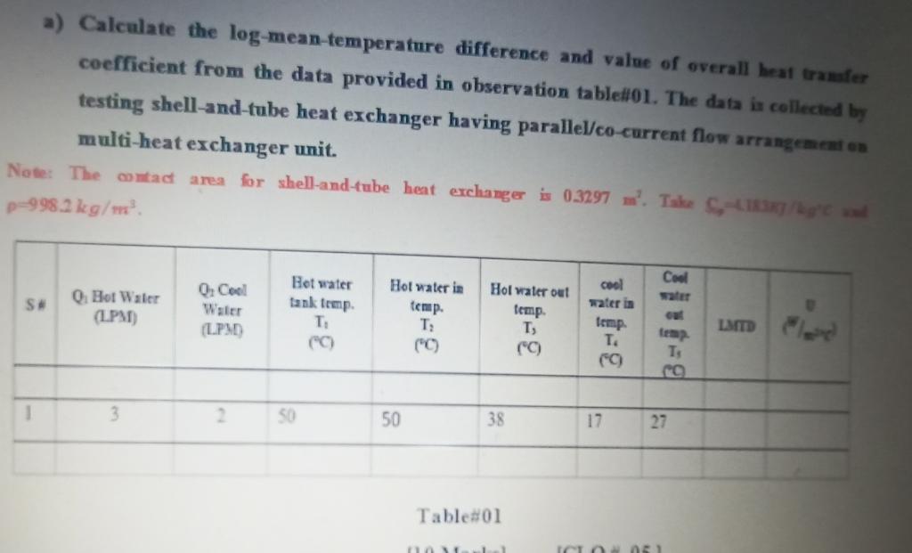 Solved a) Calculate the log-mean-temperature difference and | Chegg.com