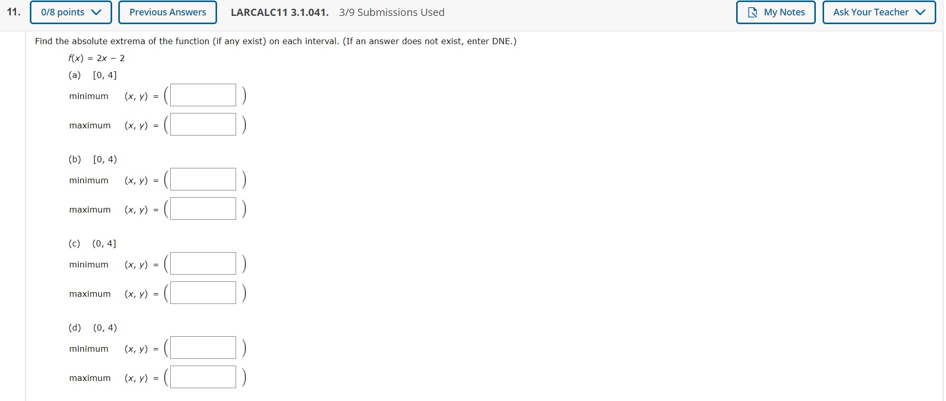 Solved 11. 0/8 points v Previous Answers LARCALC11 3.1.041. | Chegg.com