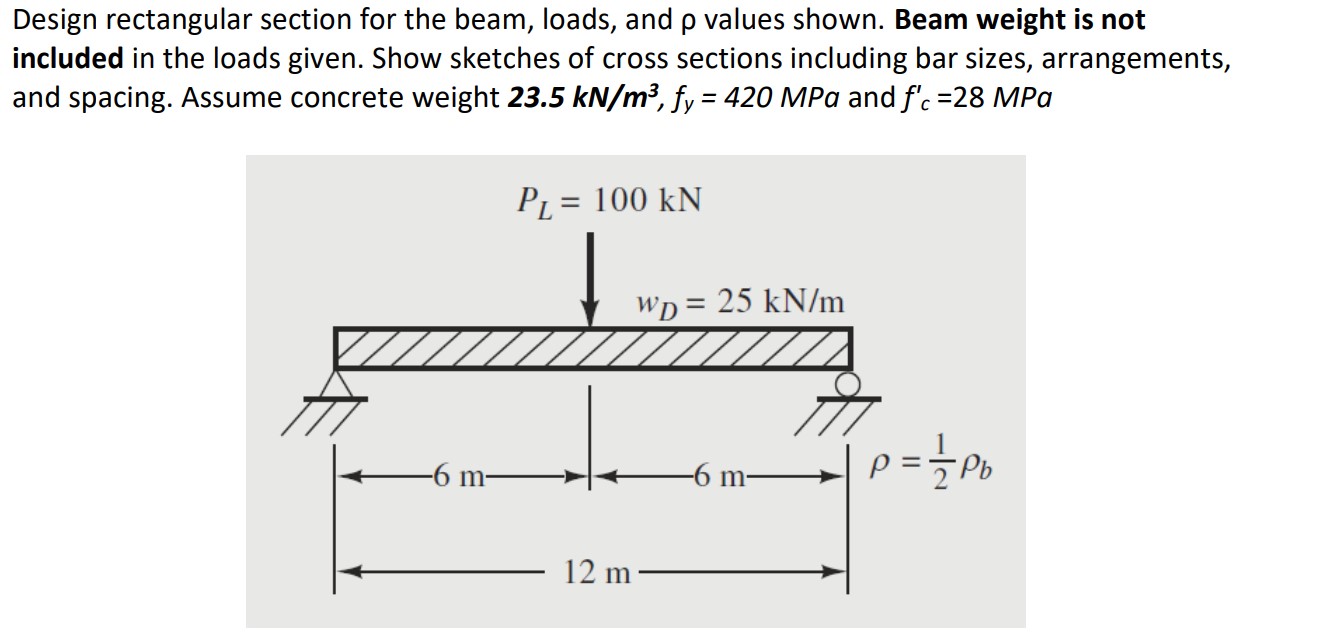 Solved Design rectangular section for the beam, loads, and ρ | Chegg.com