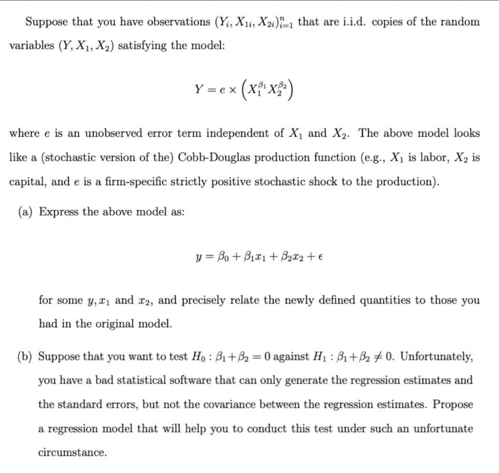 Solved Suppose that you have observations (Yi, Xli, X2i))–1 | Chegg.com