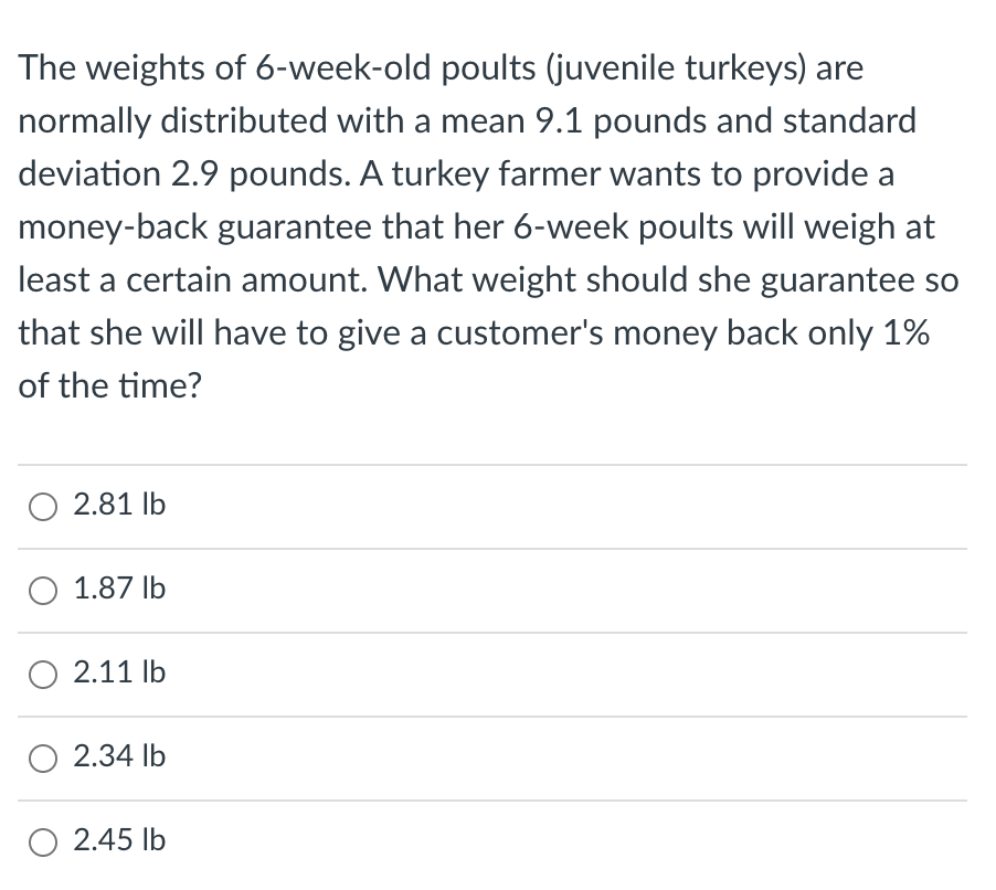 Solved The weights of 6-week-old poults (juvenile turkeys) | Chegg.com