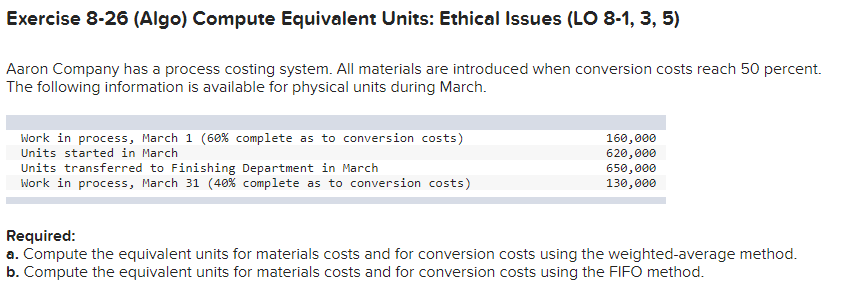 Exercise 8-26 (Algo) ﻿Compute Equivalent Units: | Chegg.com