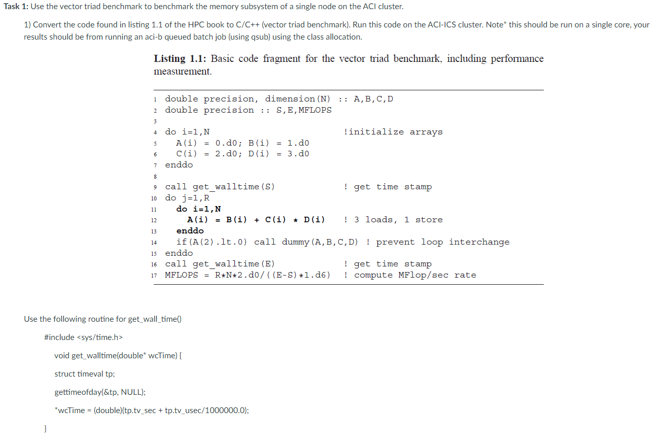 Task 1: Use the vector triad benchmark to benchmark | Chegg.com
