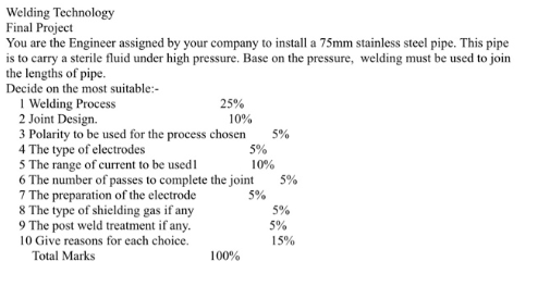 Solved Welding Technology Final Project You are the Engineer | Chegg.com