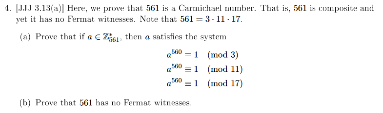 Solved 4. [JJJ 3.13(a)] Here, we prove that 561 is a | Chegg.com