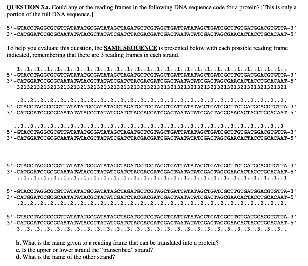 Solved QUESTION 3.a. Could any of the reading frames in the | Chegg.com