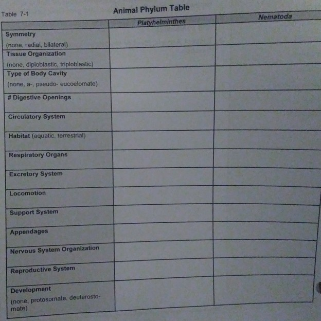 Solved Animal Phylum Table Platyhelminthes Table 7-1 | Chegg.com