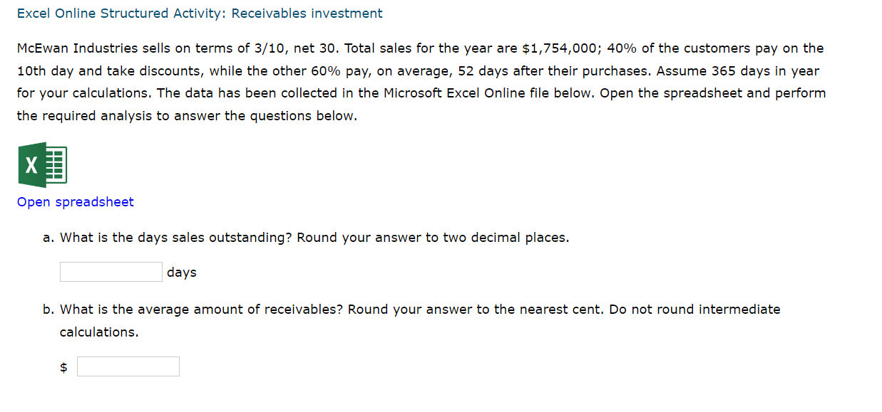 Excel Online Structured Activity: Receivables | Chegg.com