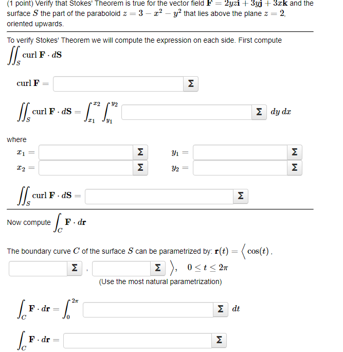Solved (1 point) Verify that Stokes' Theorem is true for the | Chegg.com