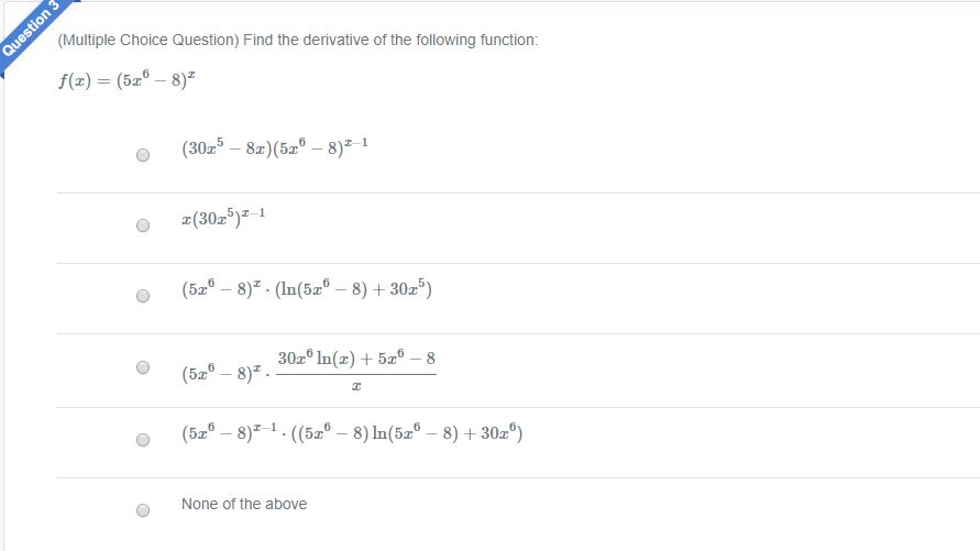 Solved (Multiple Choice Question) Find the derivative of the | Chegg.com