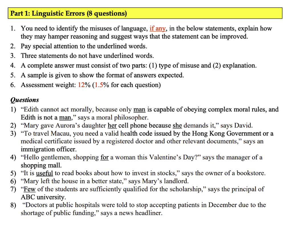 Part 1: Linguistic Errors (8 questions) 1. You need | Chegg.com