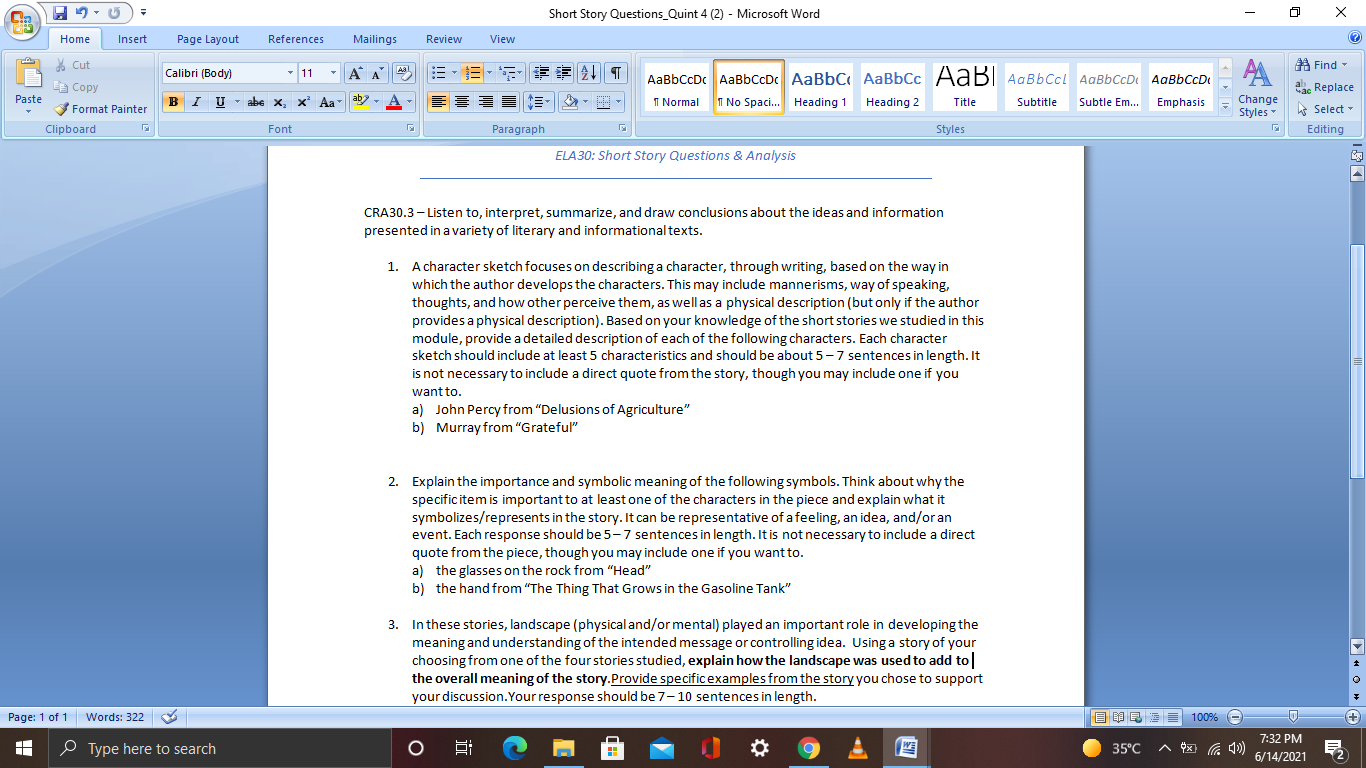 Short Story Questions Quint 4 (2) - Microsoft Word x | Chegg.com