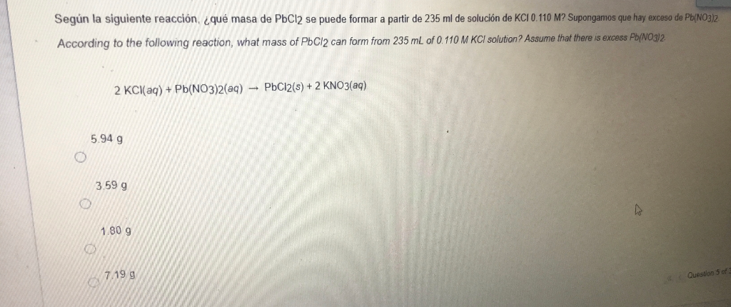 Solved Según la siguiente reacción, ¿qué masa de PbCl2 se | Chegg.com