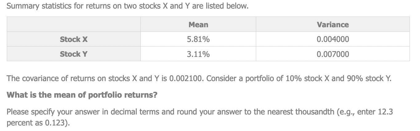Solved Summary statistics for returns on two stocks \\( | Chegg.com