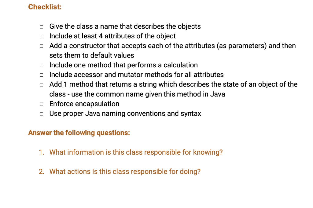 Solved Checklist: o Give the class a name that describes the | Chegg.com