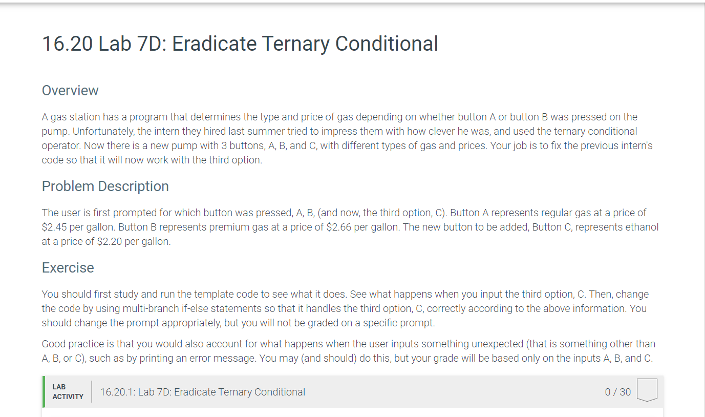 Solved 16.20 Lab 7D: Eradicate Ternary Conditional Overview | Chegg.com