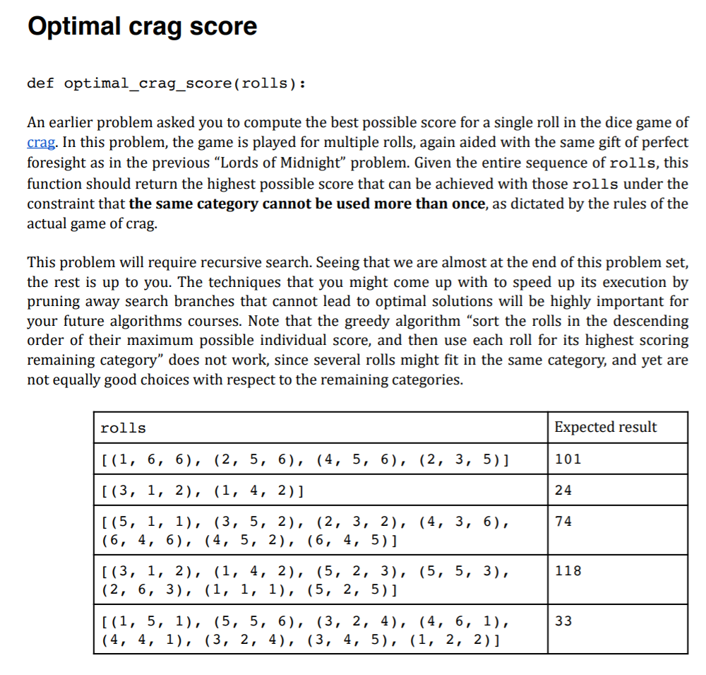 Optimal crag score def optimal_crag_score (rolls): An | Chegg.com