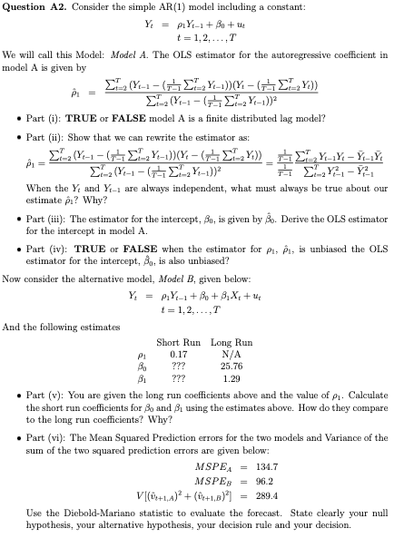 Solved Question A2. Consider the simple AR (1) model | Chegg.com