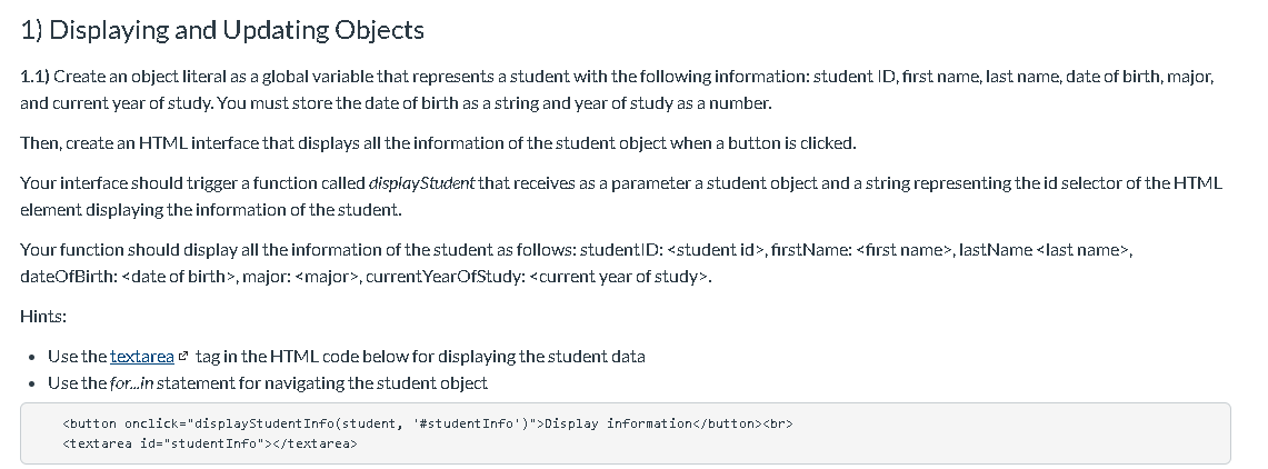 Solved 1) Displaying and Updating Objects 1.1) Create an | Chegg.com