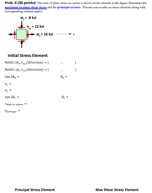 Solved Prob. 4 ( 30 points): The state of plane stress at a | Chegg.com