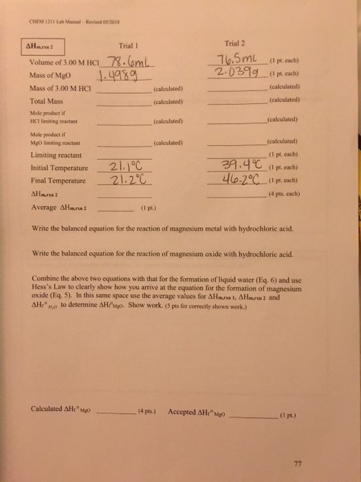 Solved CHEM 1211 Lab Manal Revised 05 201 Name Standard | Chegg.com
