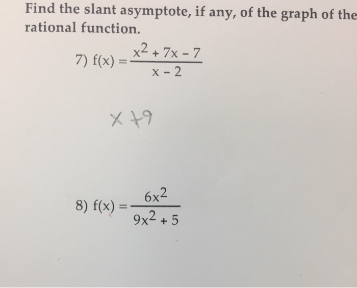 Solved Find the slant asymptote, if any, of the graph of the | Chegg.com