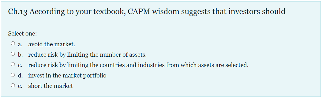 Solved Ch.13 According to your textbook, CAPM wisdom | Chegg.com