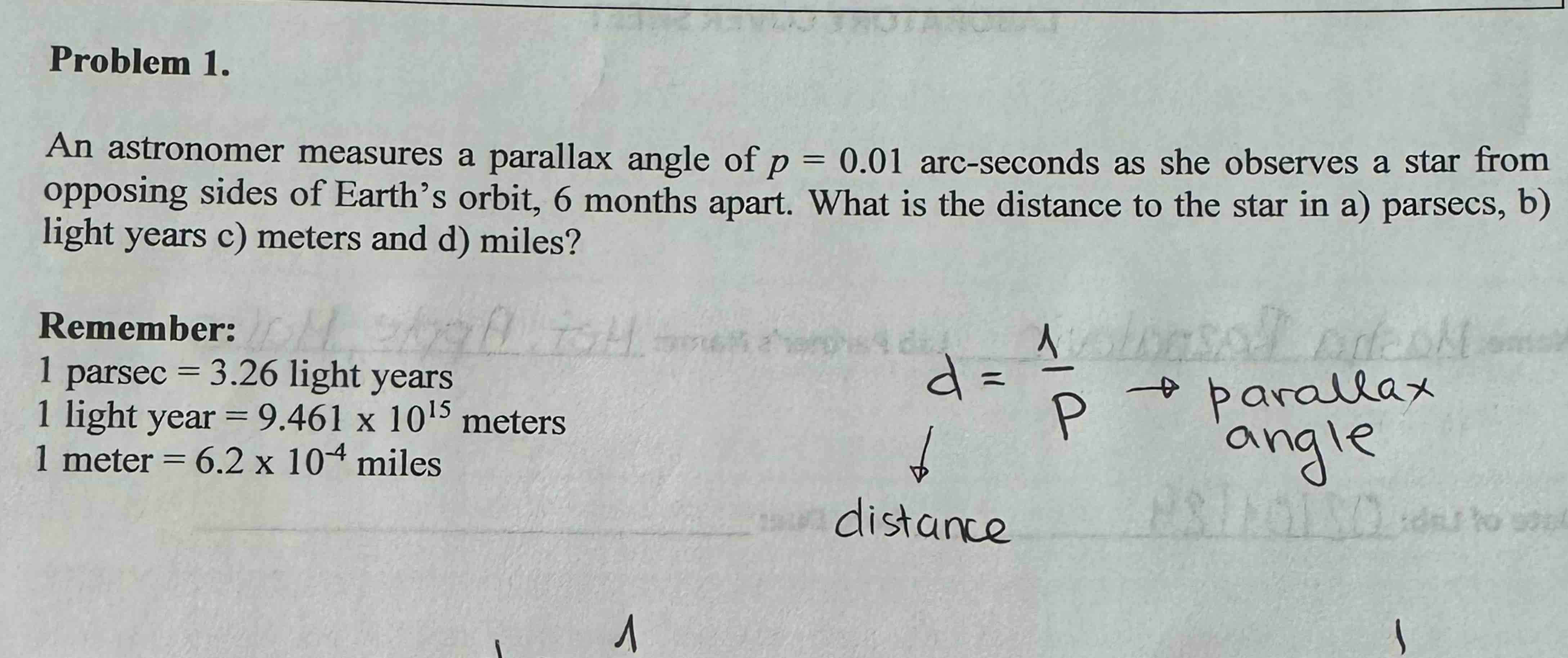 Solved Problem 1.An astronomer measures a parallax angle of | Chegg.com