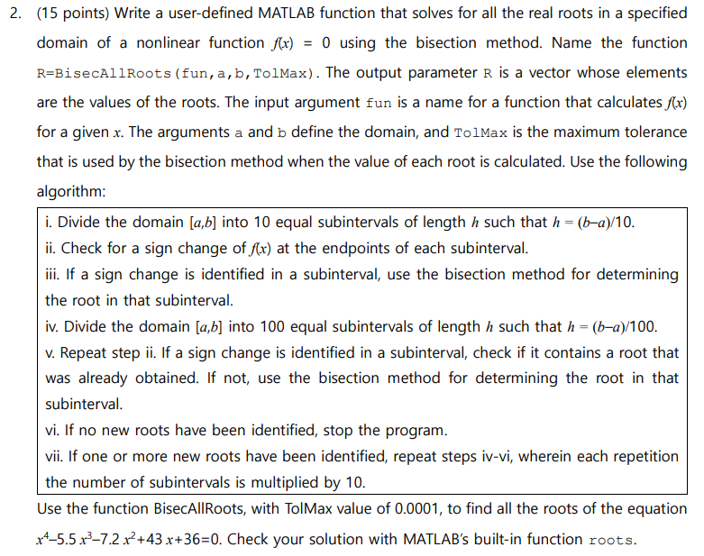 15 Points Write A User Defined Matlab Function That 