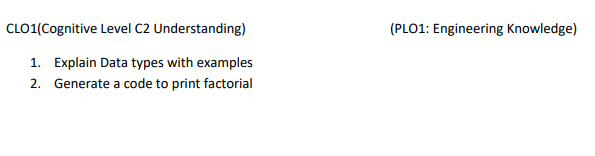 Solved CLO1(Cognitive Level C2 Understanding) (PLO1: | Chegg.com