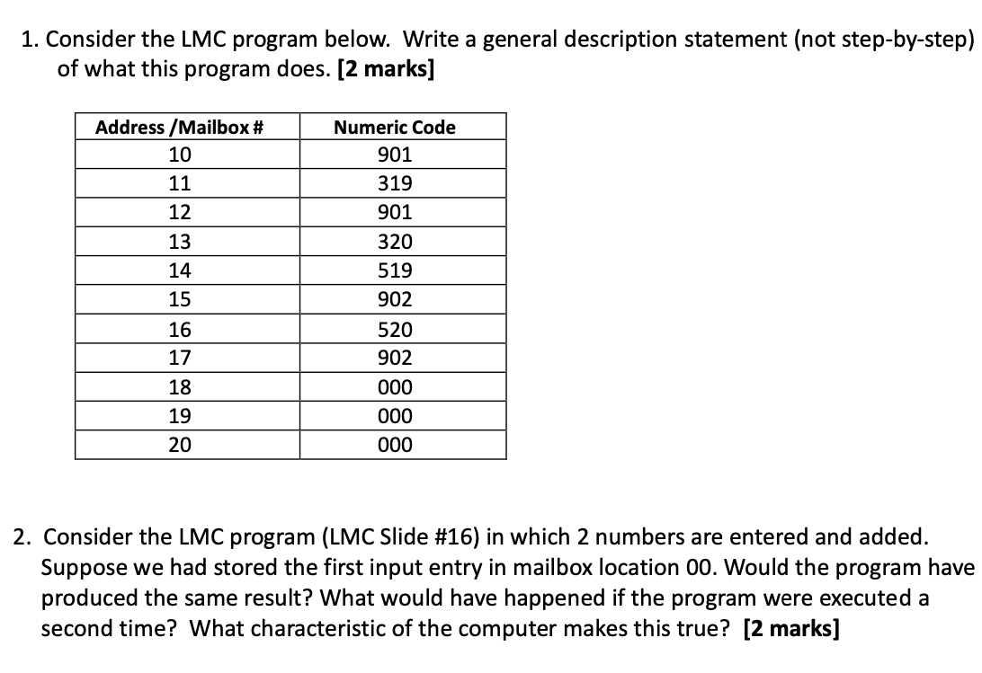 Solved 1. Consider the LMC program below. Write a general | Chegg.com