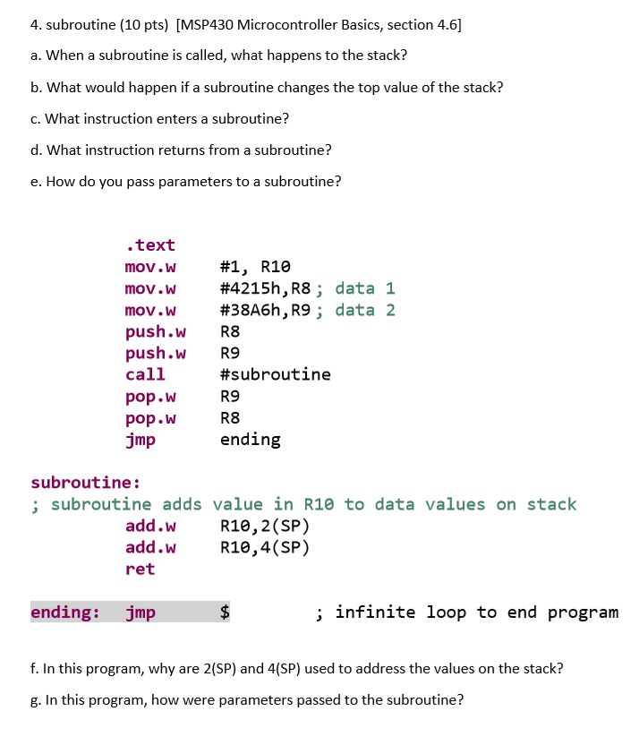 Solved 4. subroutine (10 pts) [MSP430 Microcontroller | Chegg.com