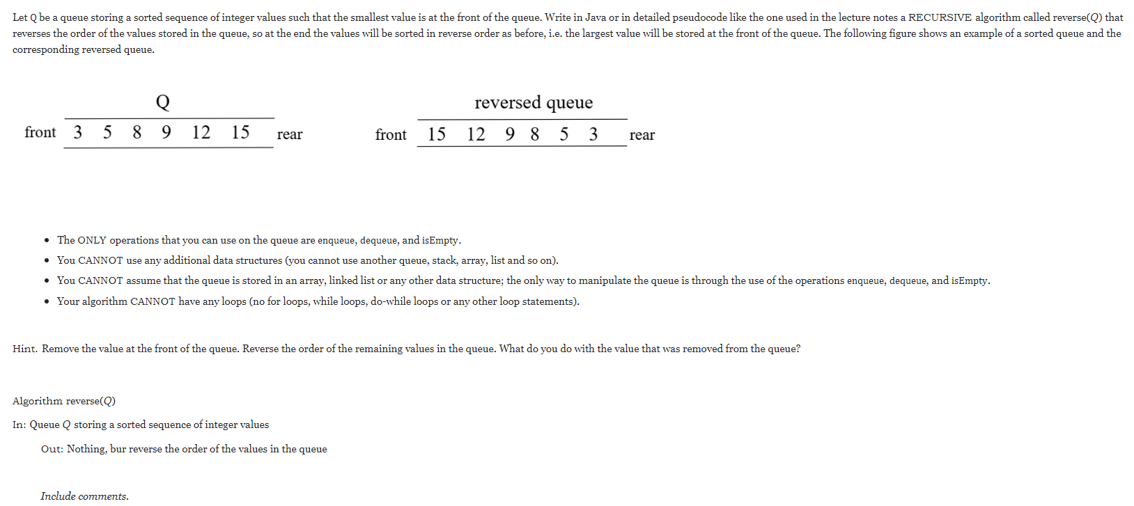 Solved corresponding reversed queue. - The ONLY operations | Chegg.com