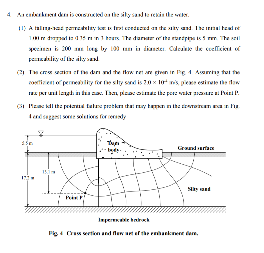 Solved 4. An embankment dam is constructed on the silty sand | Chegg.com