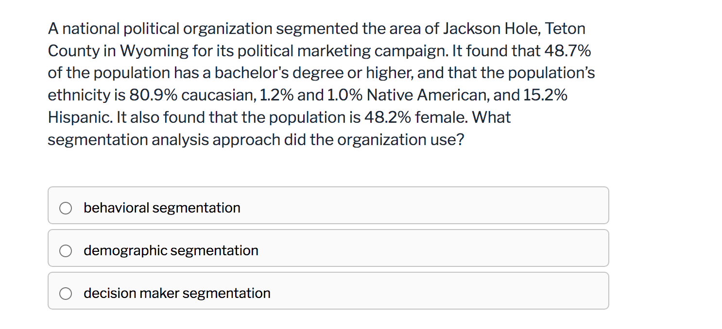 Solved A national political organization segmented the area | Chegg.com