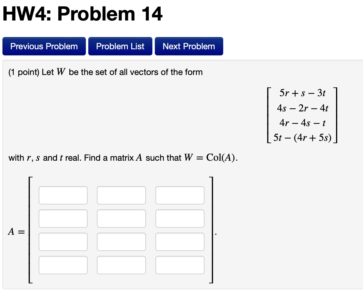 Solved (1 point) Let W be the set of all vectors of the form | Chegg.com