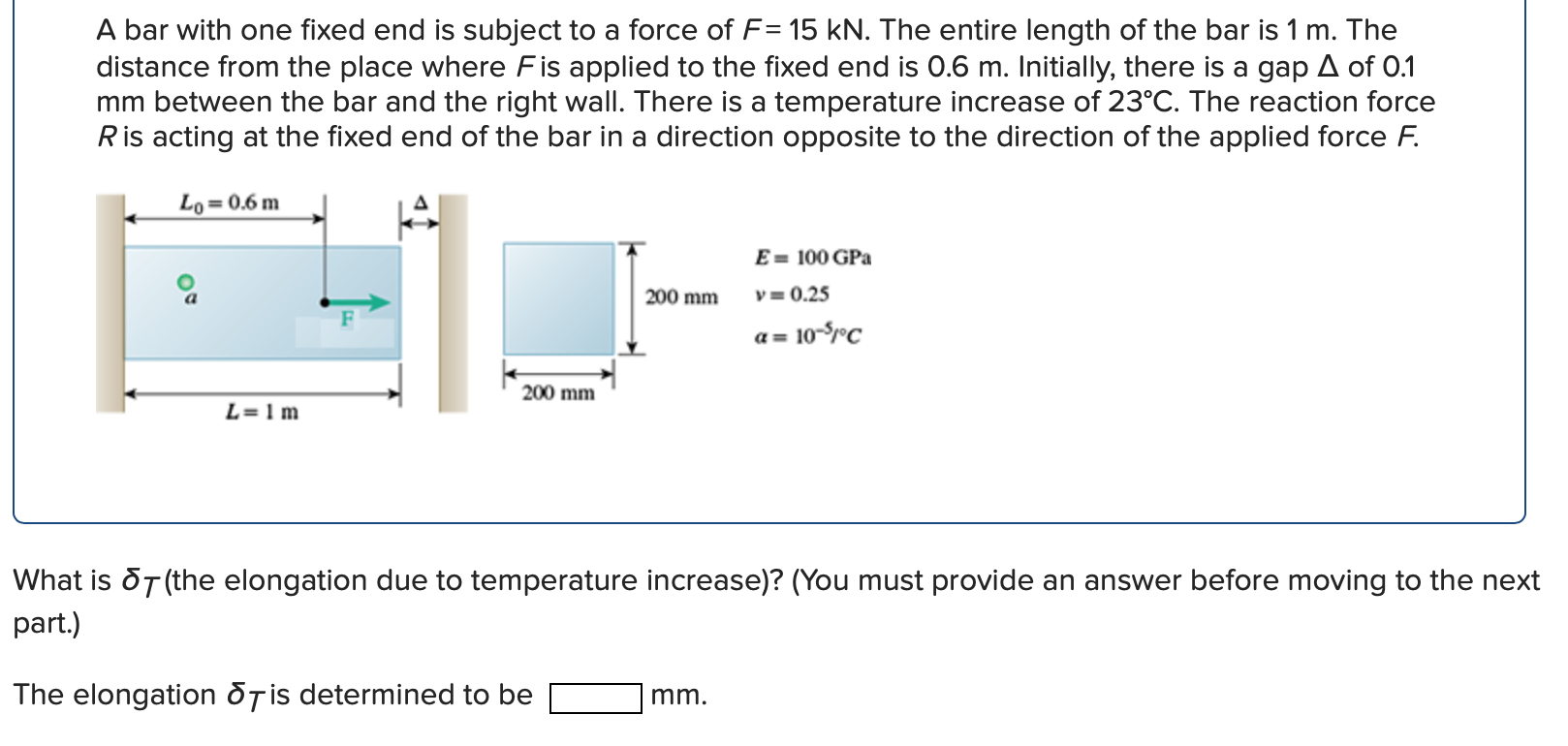Solved A bar with one fixed end is subject to a force of F= | Chegg.com