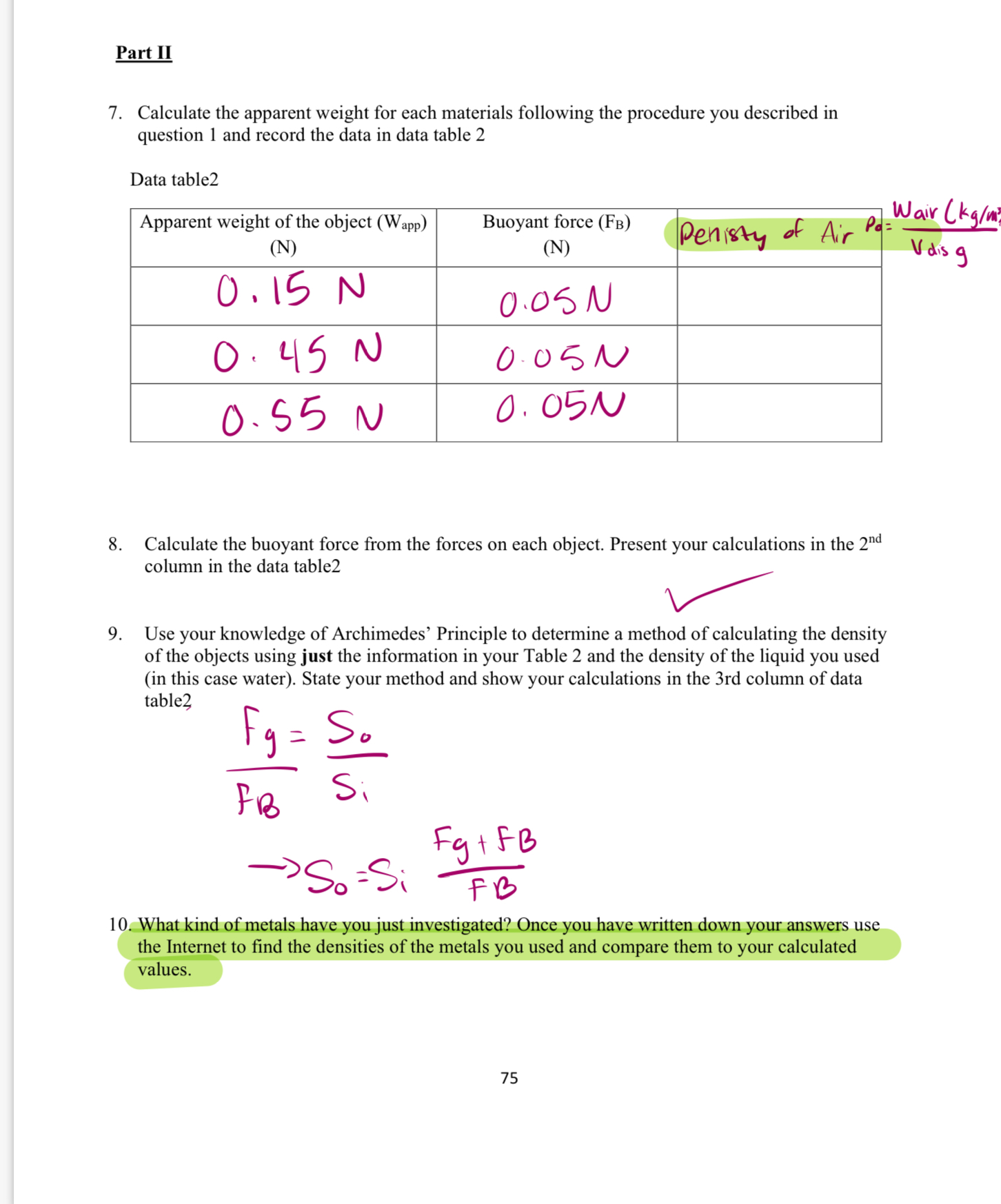 Solved Part 1: Data table 17. Calculate the apparent weight | Chegg.com