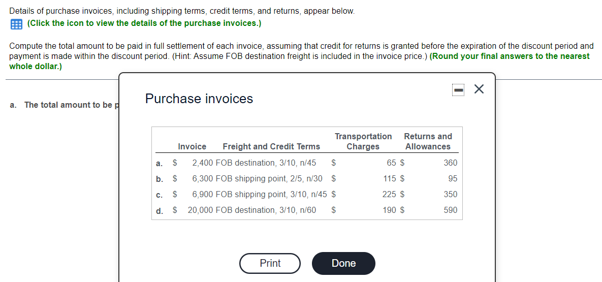 Solved Details of purchase invoices, including shipping | Chegg.com