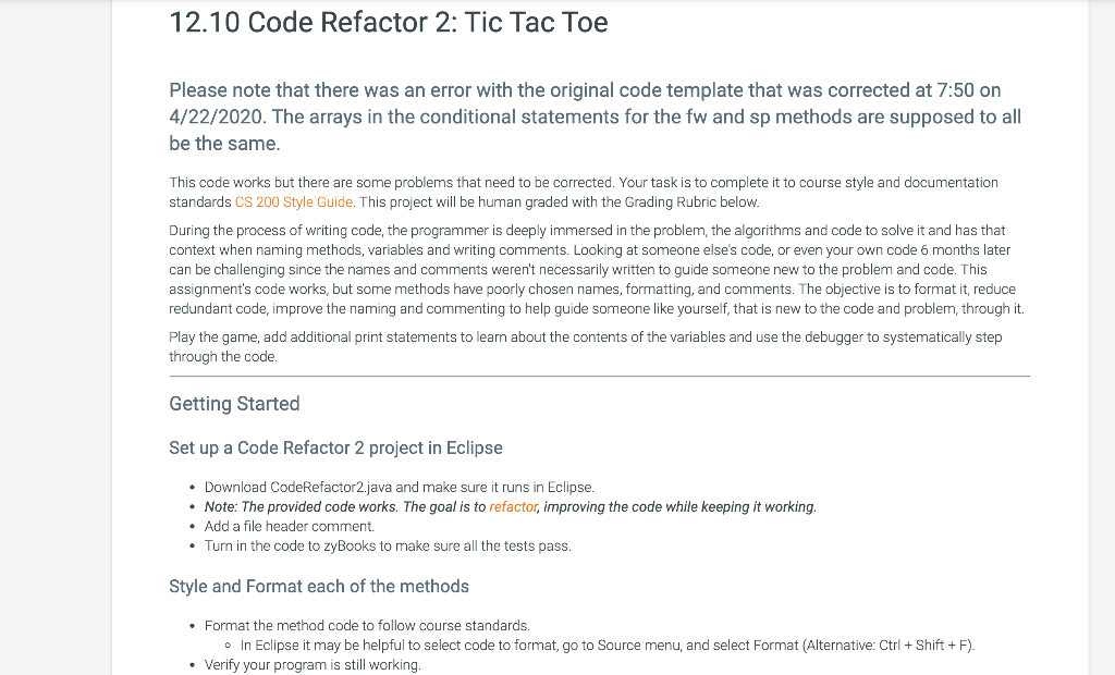 Solved 12.10 Code Refactor 2: Tic Tac Toe Please note that | Chegg.com